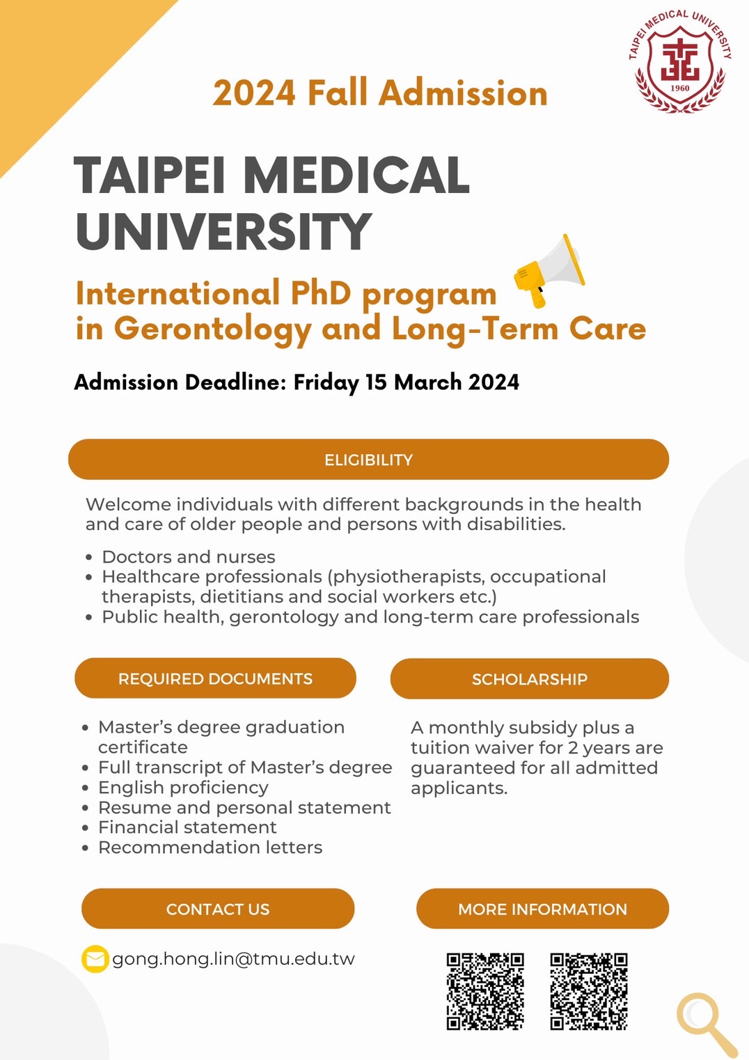 [2024 Fall Admission] Taipei Medical University, International PhD ...